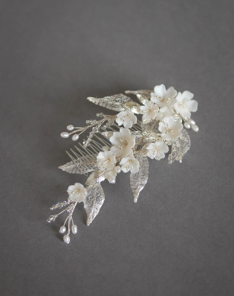 Side Swept | A bespoke silver floral hair comb for bride Thuy | Tania Maras