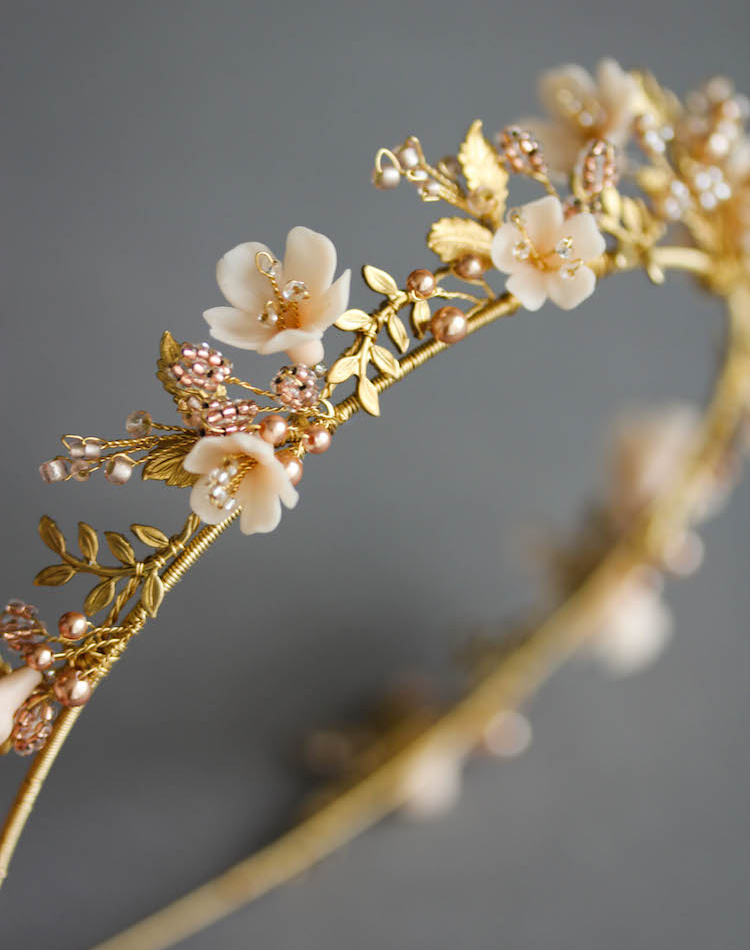 Wild Flowers | A lush gold and blush floral wedding crown | Tania Maras